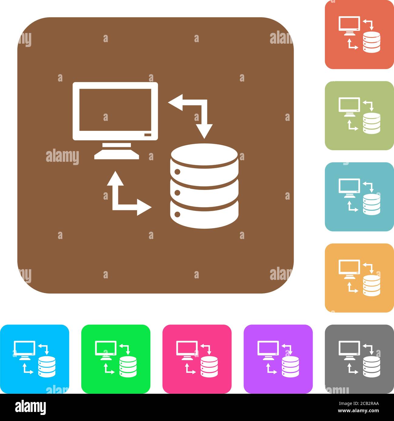 Syncronize Data With Database Flat Icons On Rounded Square Vivid Color Backgrounds Stock Vector
