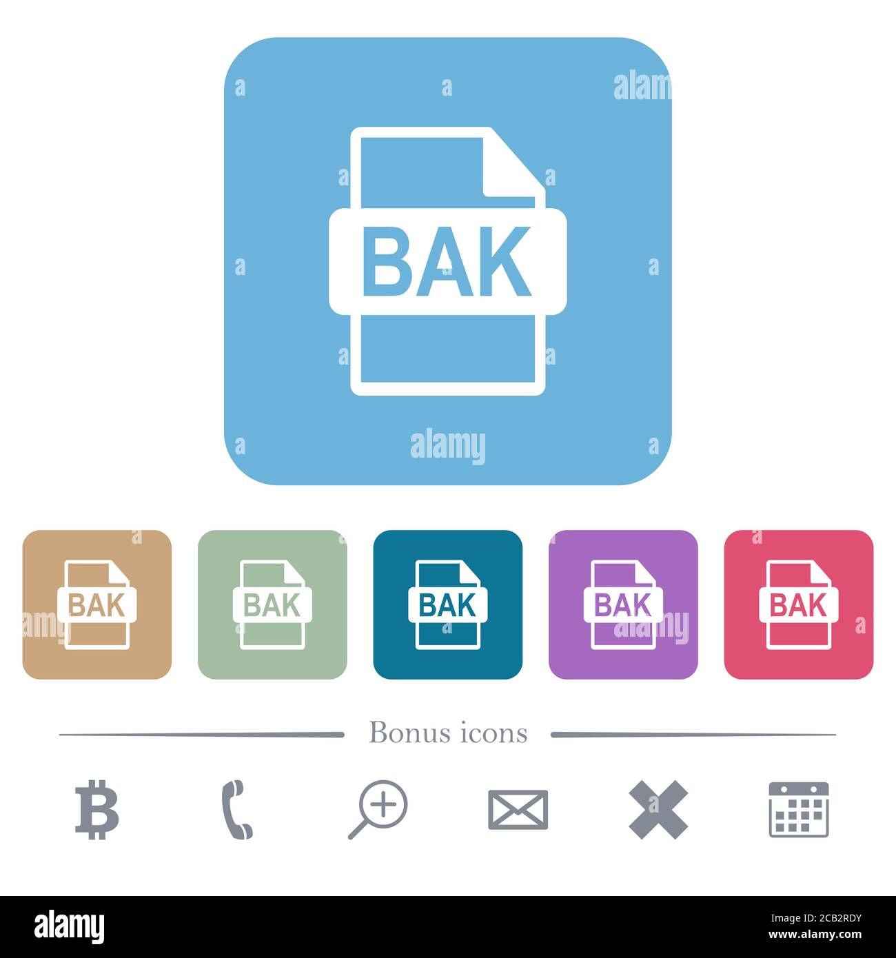 BAK file format white flat icons on color rounded square backgrounds. 6 ...