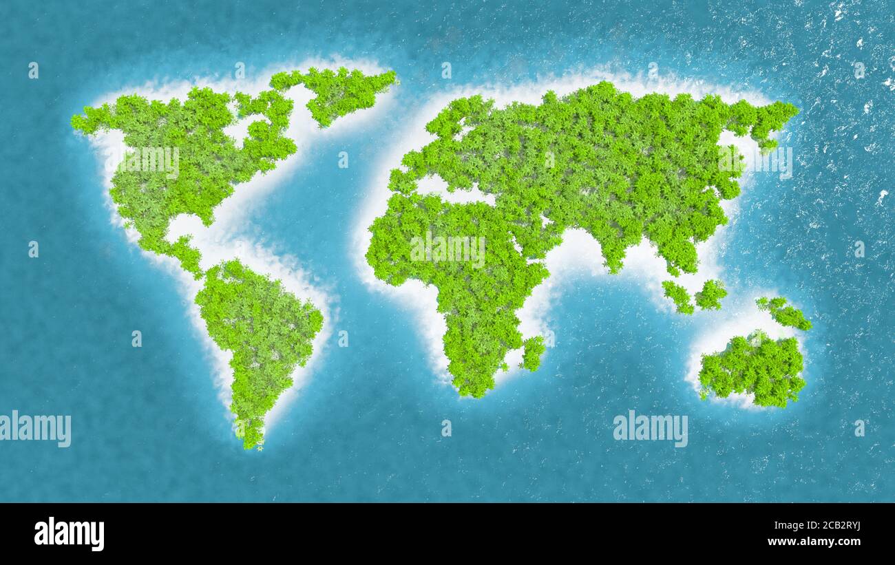 Map of the countries of the world in dense rainforest. Trees and green ...