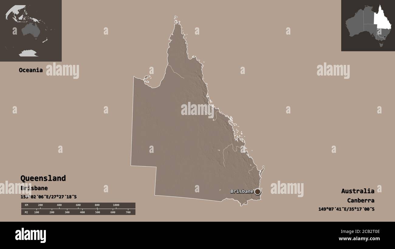 Shape of Queensland, state of Australia, and its capital. Distance ...