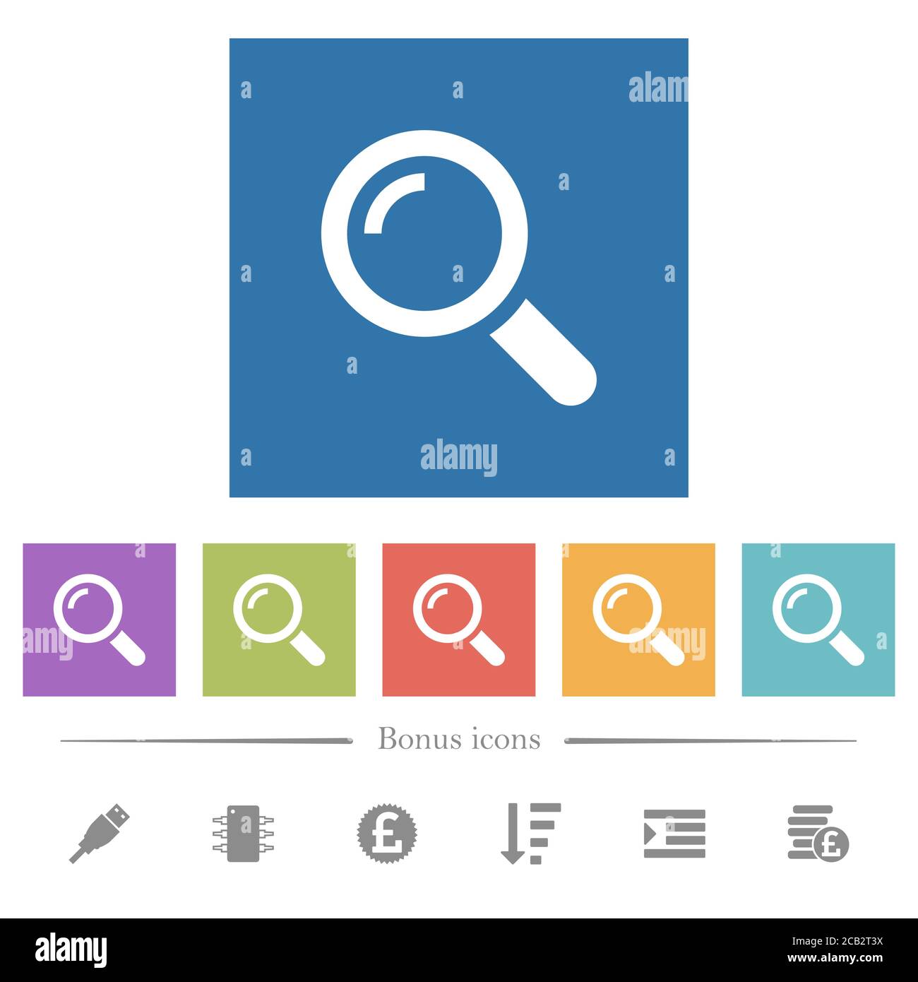 Single magnifier flat white icons in square backgrounds. 6 bonus icons ...