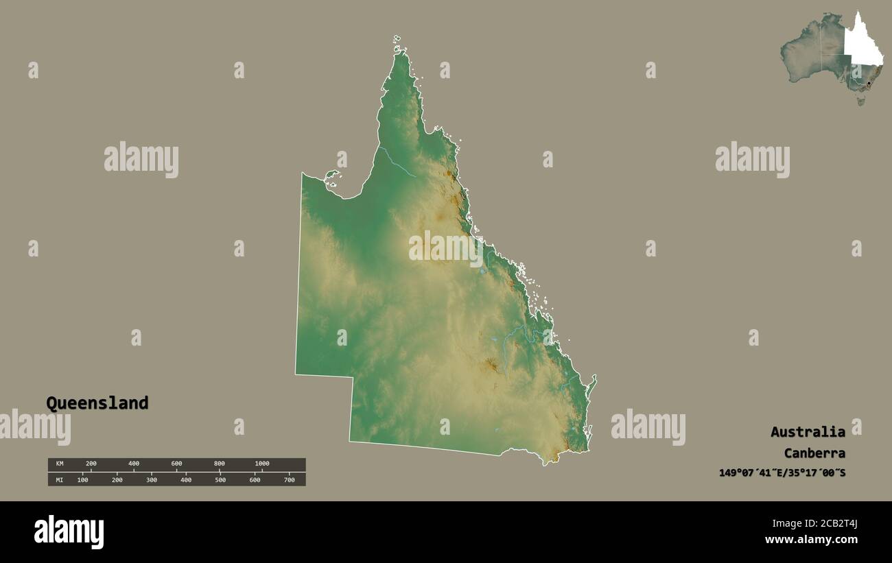 Shape of Queensland, state of Australia, with its capital isolated on ...