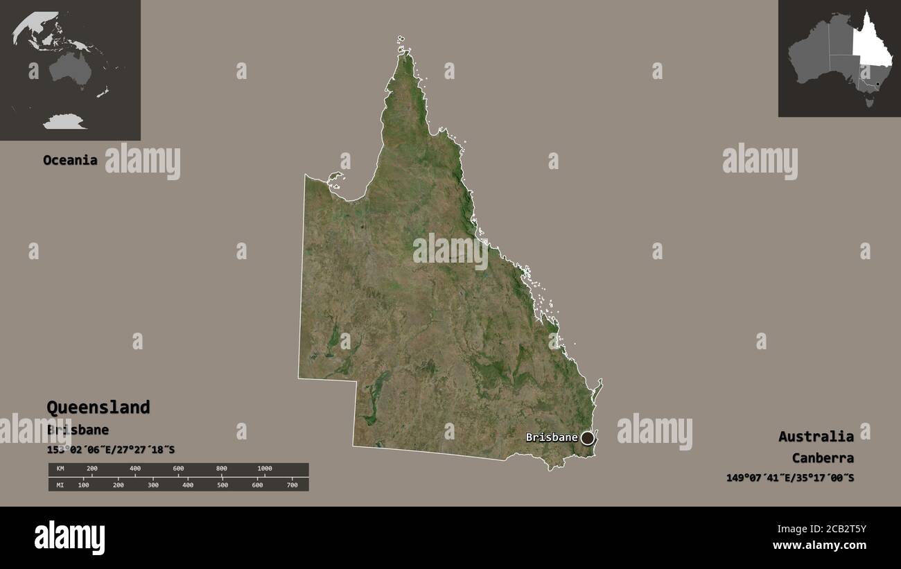 Shape of Queensland, state of Australia, and its capital. Distance ...