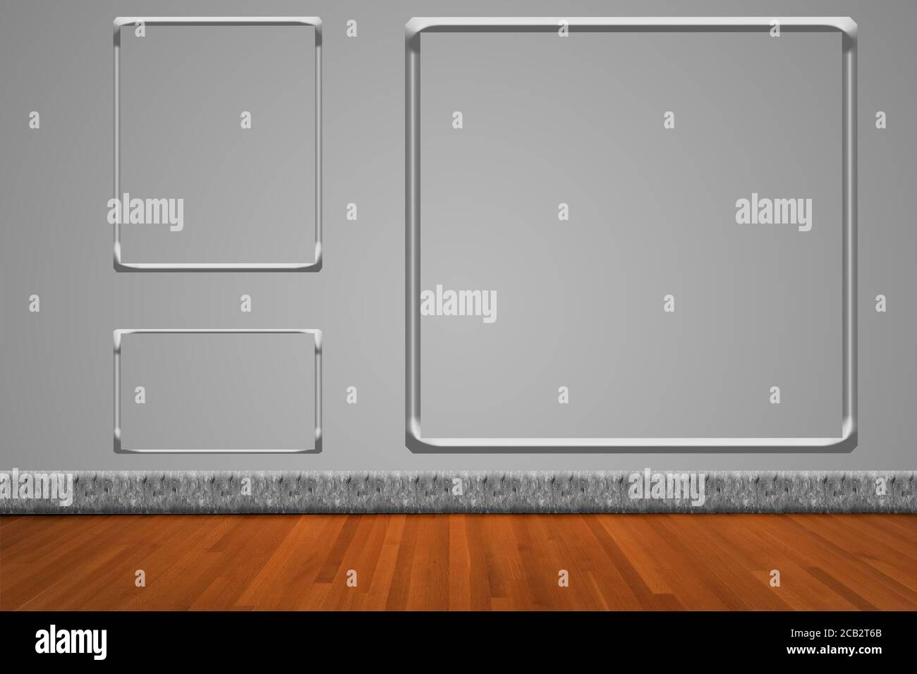 three grey frames on grey wall background, empty frame clipping on grey ...