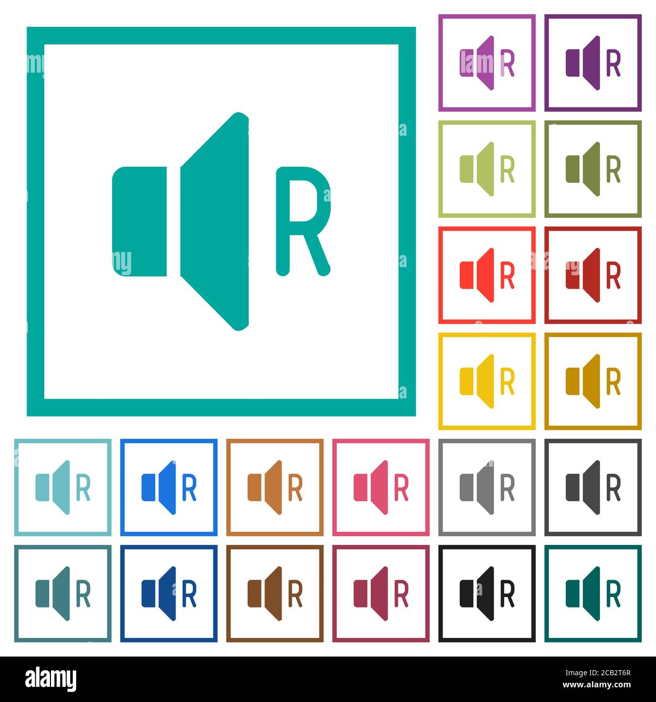 Right audio channel flat color icons with quadrant frames on white ...