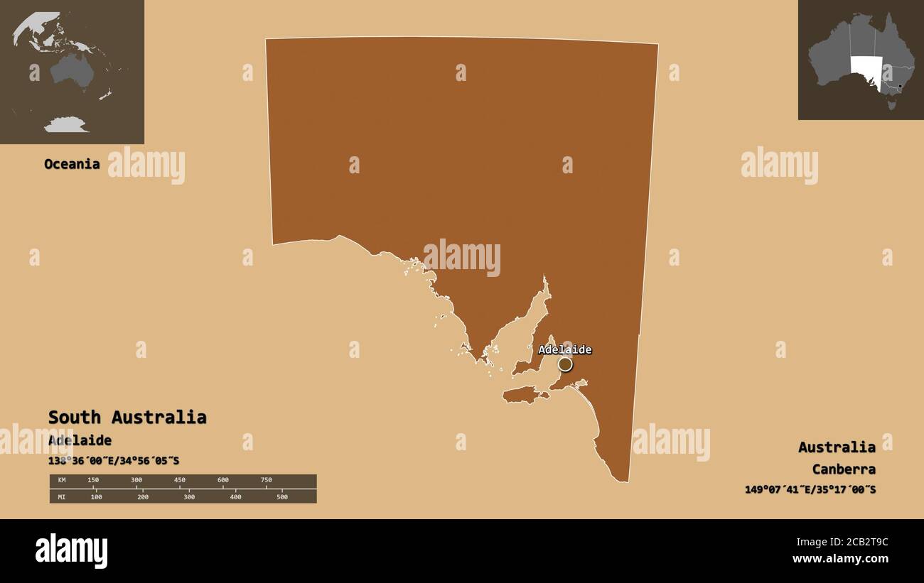 Shape of South Australia, state of Australia, and its capital. Distance ...