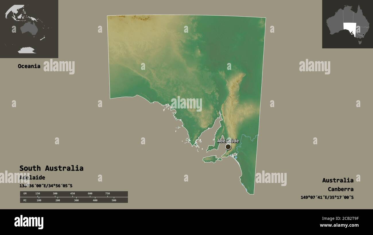 Shape of South Australia, state of Australia, and its capital. Distance ...