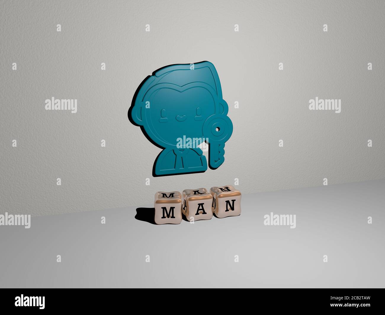 man 3D icon on the wall and cubic letters on the floor. 3D illustration ...