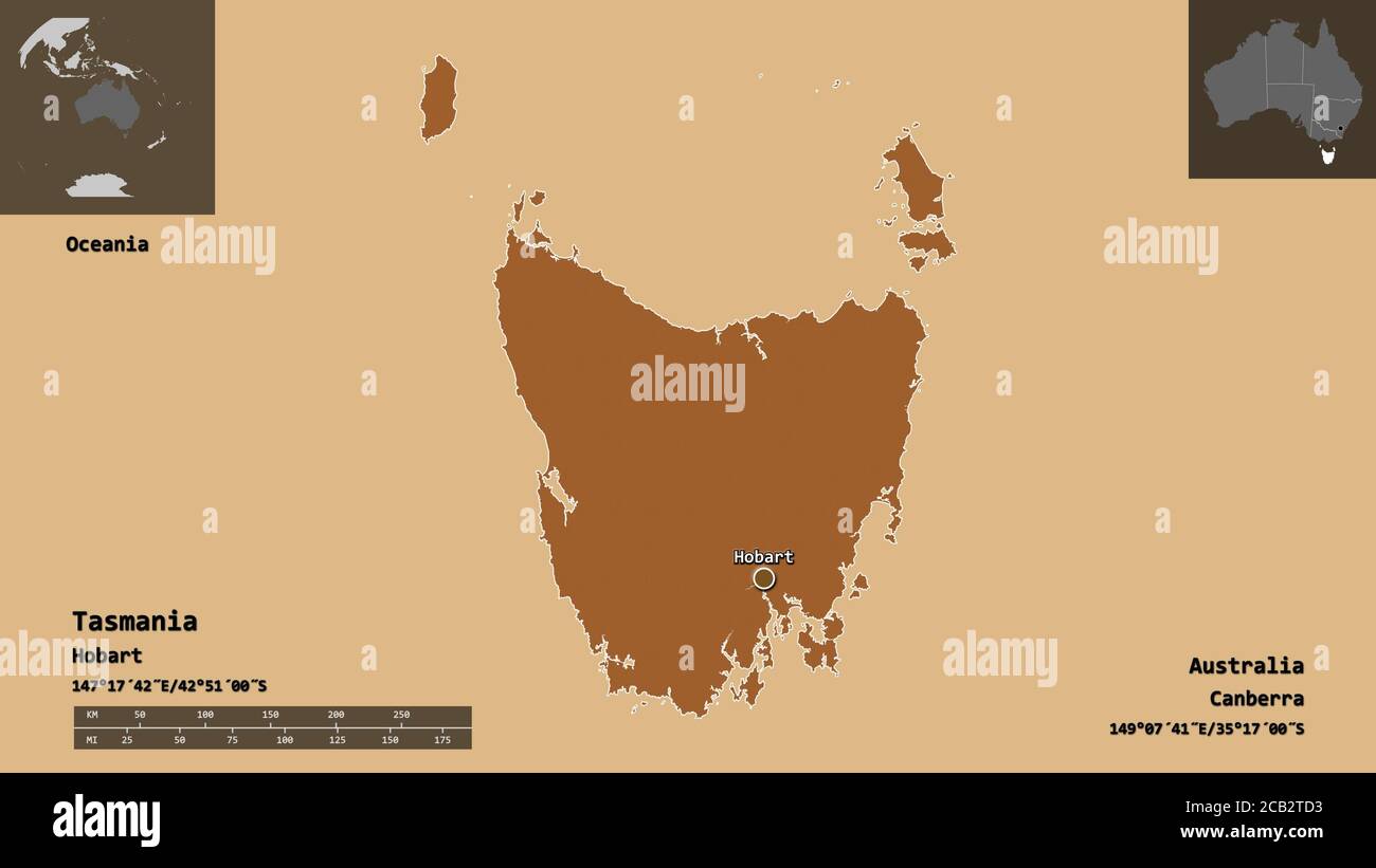 Shape of Tasmania, state of Australia, and its capital. Distance scale ...