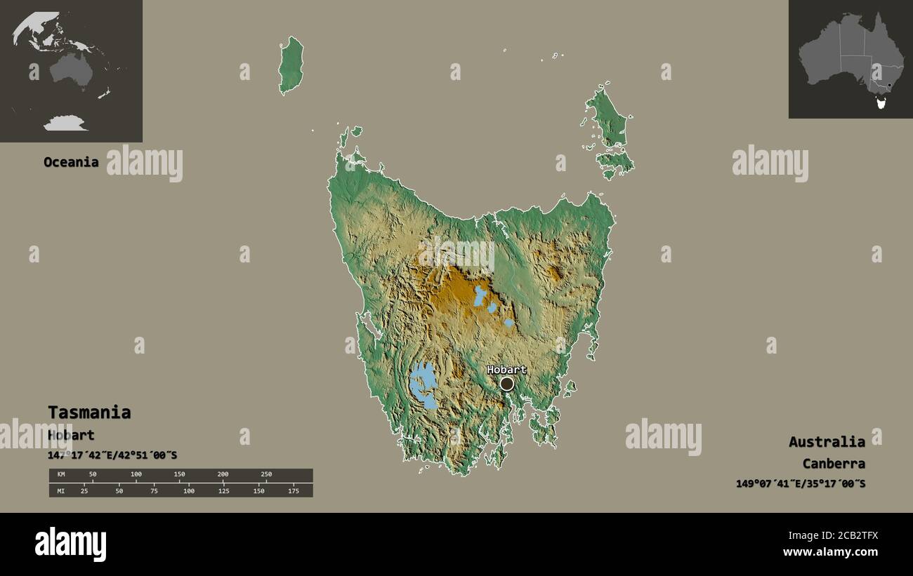 Shape of Tasmania, state of Australia, and its capital. Distance scale ...