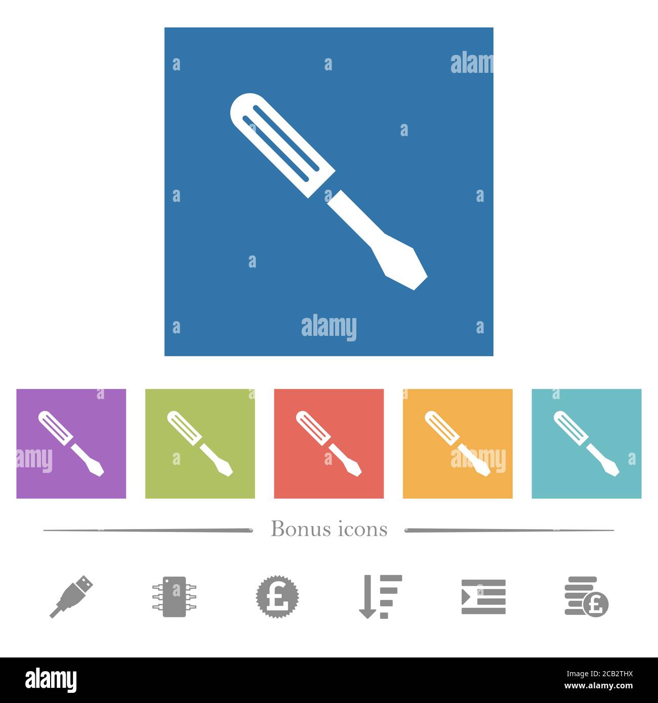 Single screwdriver flat white icons in square backgrounds. 6 bonus ...