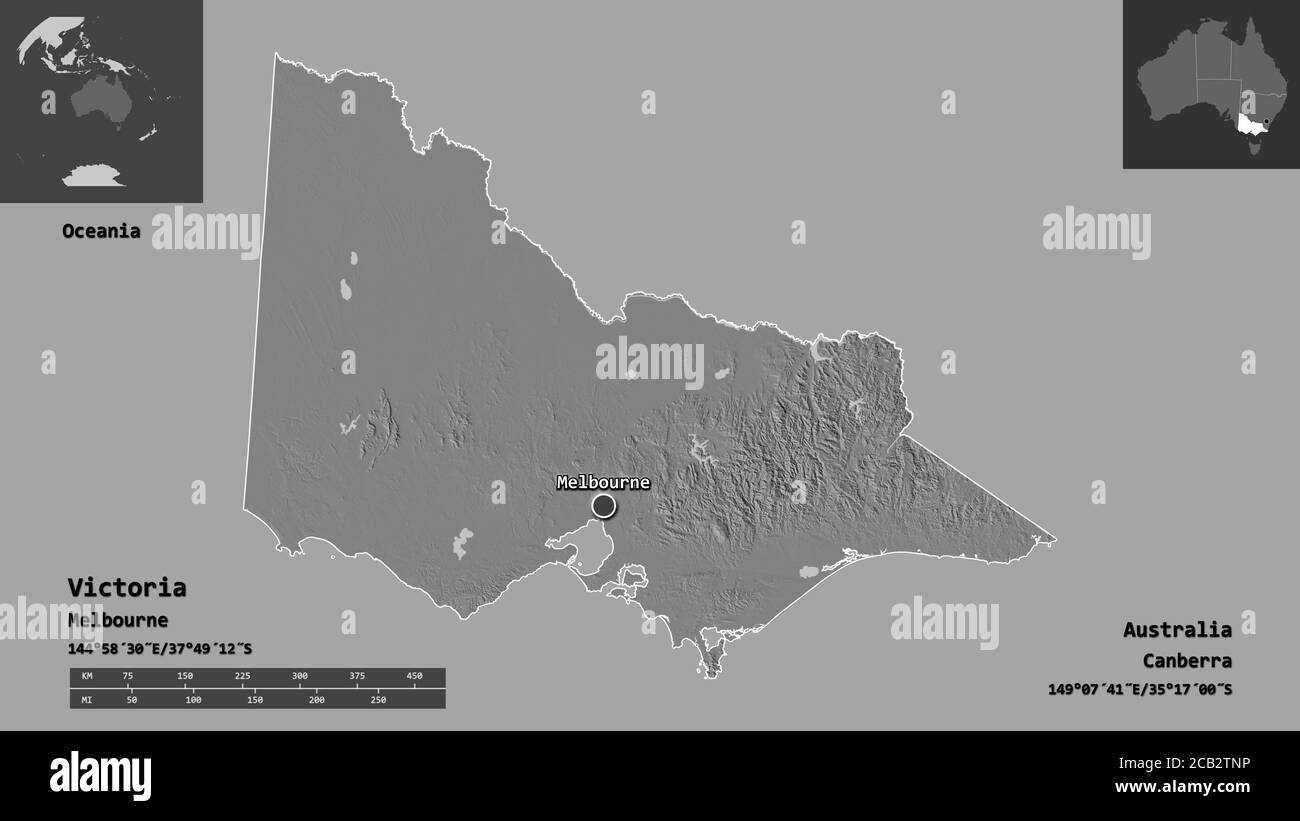 Shape of Victoria, state of Australia, and its capital. Distance scale ...