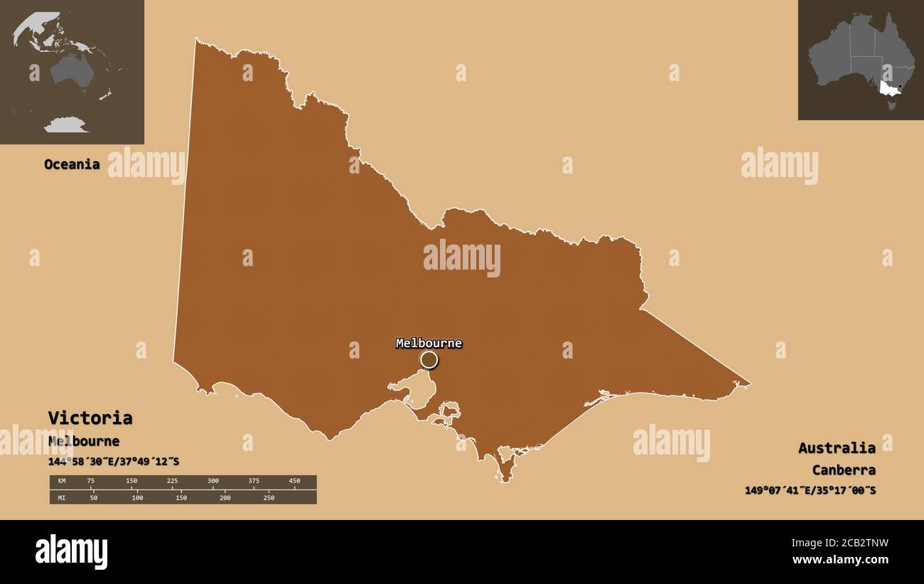 Shape of Victoria, state of Australia, and its capital. Distance scale ...