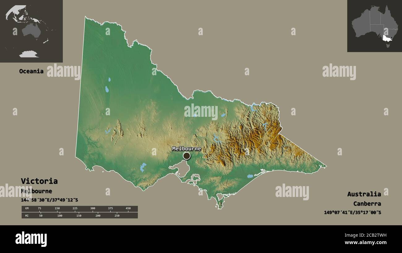 Shape of Victoria, state of Australia, and its capital. Distance scale ...