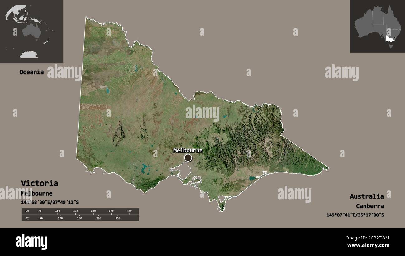 Shape of Victoria, state of Australia, and its capital. Distance scale ...