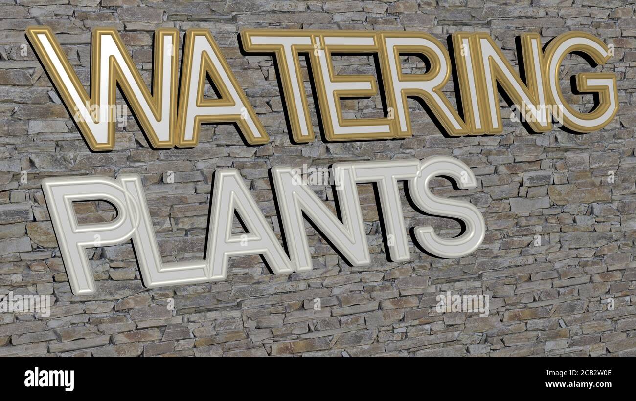WATERING PLANTS text on textured wall. 3D illustration. garden and ...