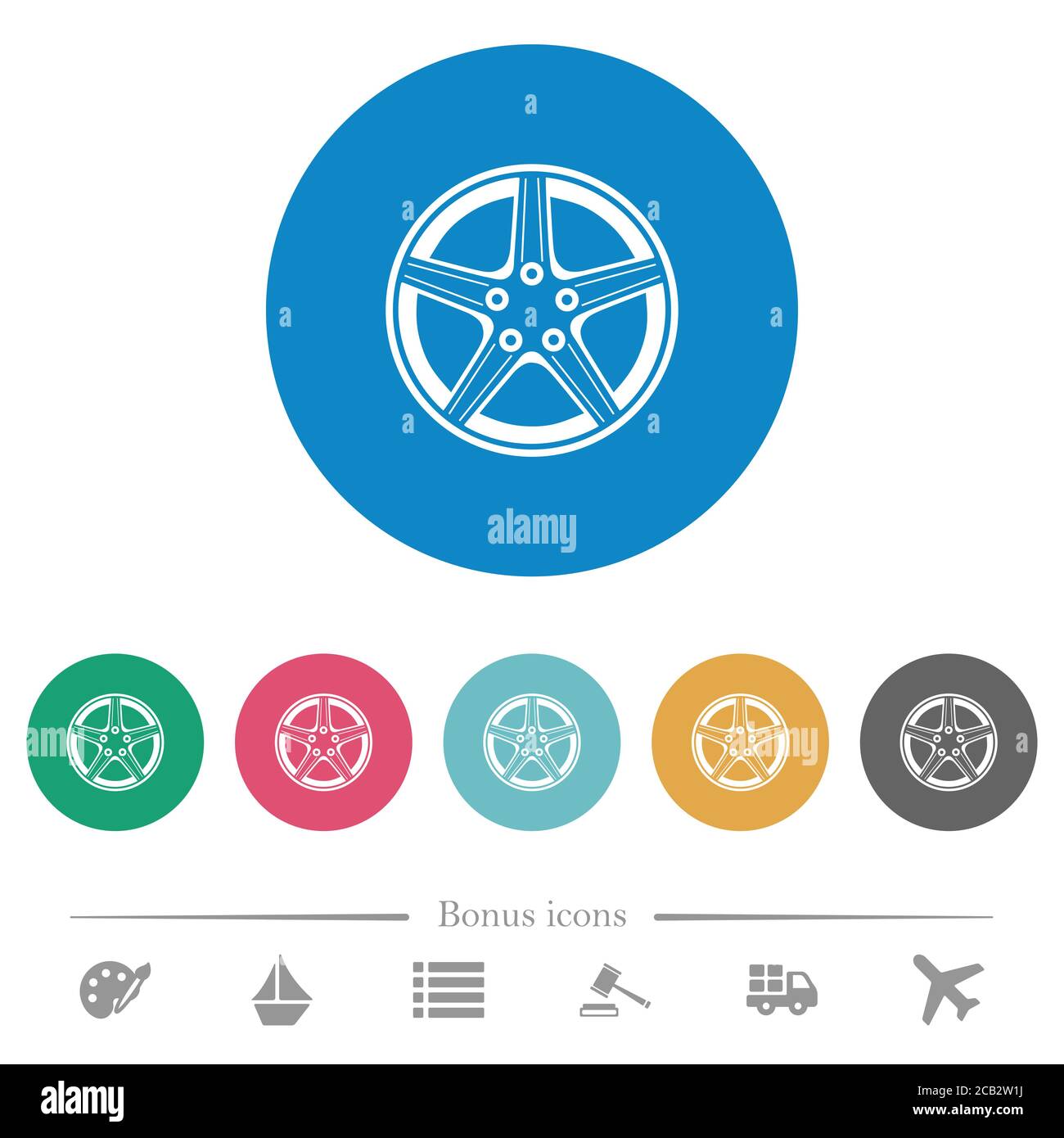 Alloy wheel flat white icons on round color backgrounds. 6 bonus icons ...
