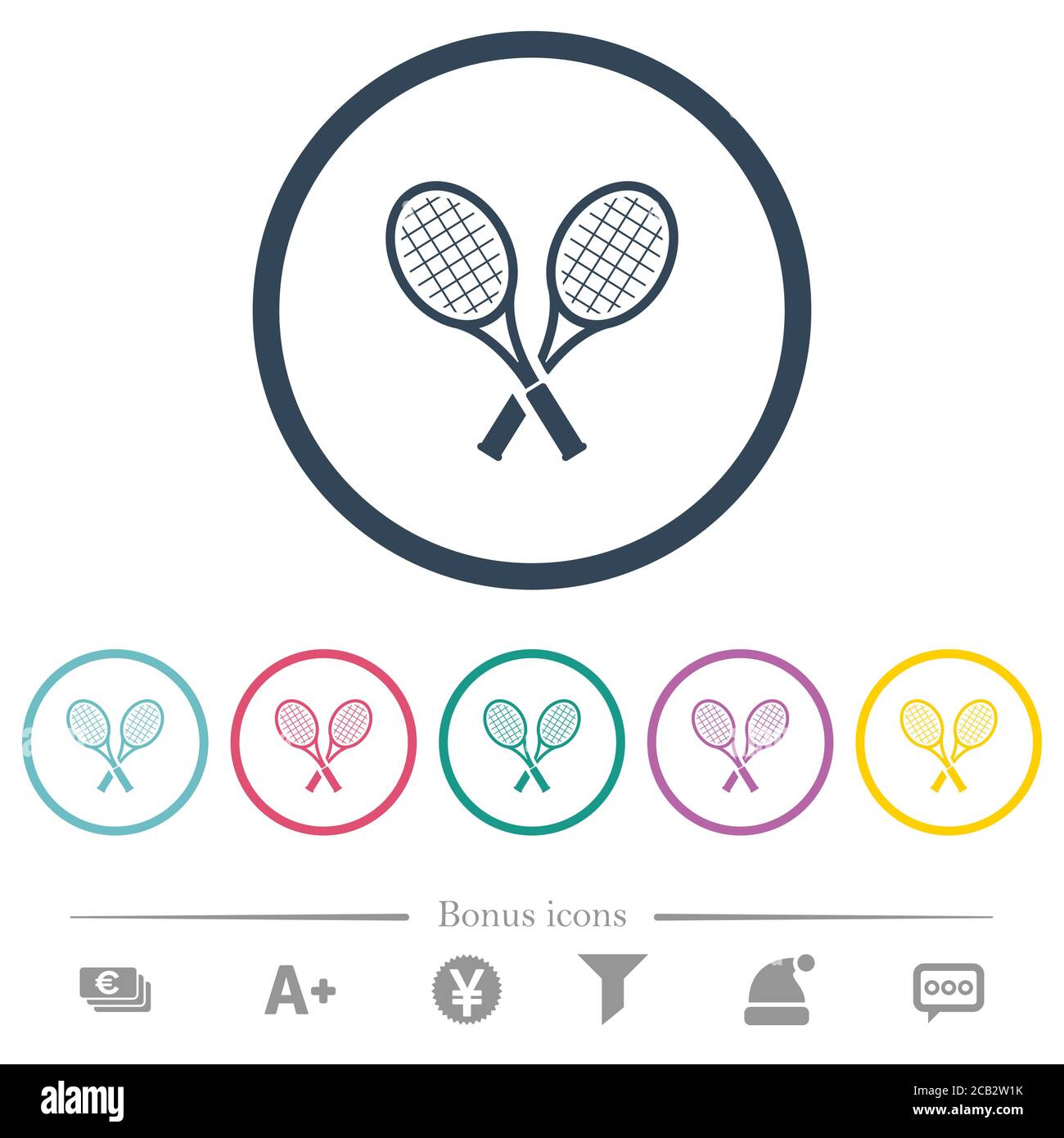 Two tennis rackets flat color icons in round outlines. 6 bonus icons ...