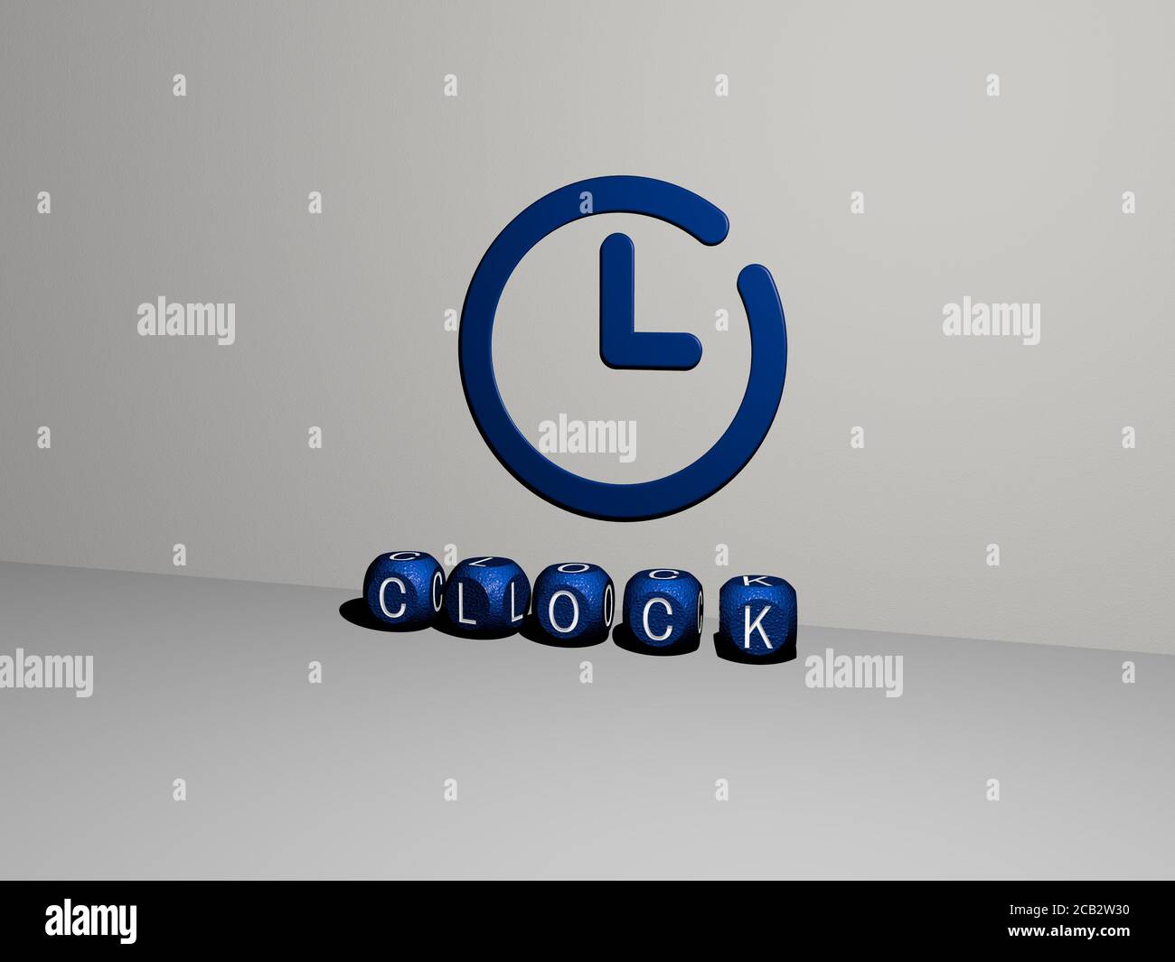 clock 3D icon on the wall and text of cubic alphabets on the floor. 3D ...