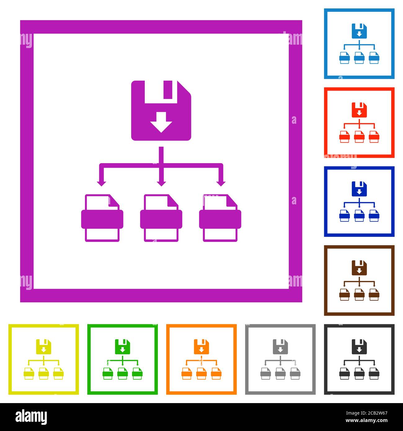 Save file as multiple format flat color icons in square frames on white ...