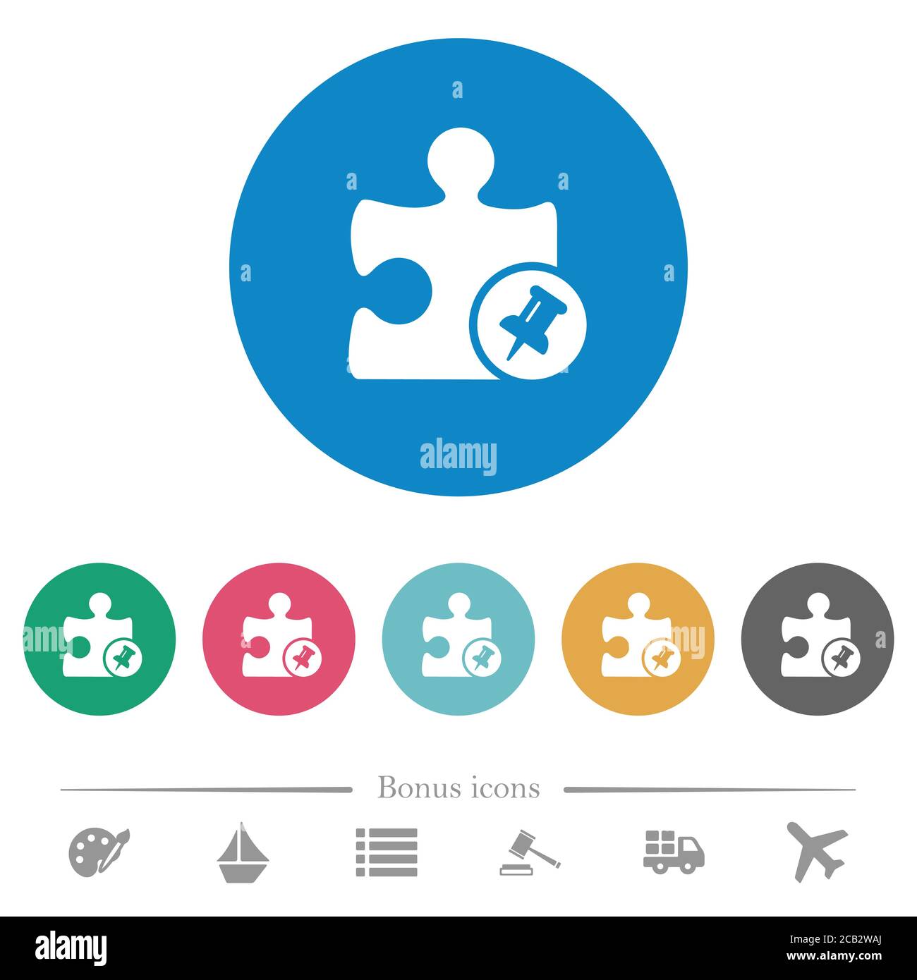 Pin plugin flat white icons on round color backgrounds. 6 bonus icons ...