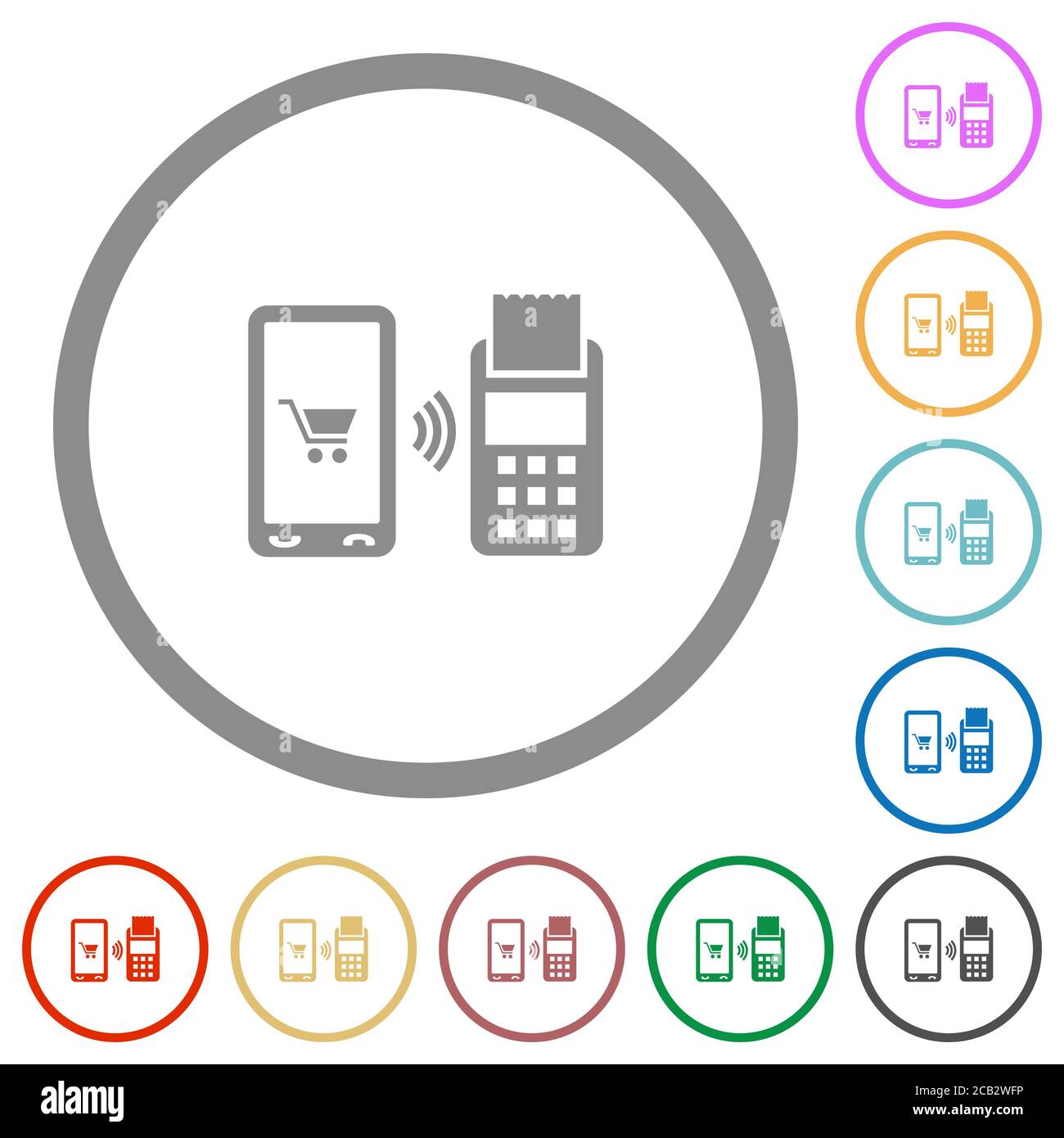Mobile payment flat color icons in round outlines on white background ...