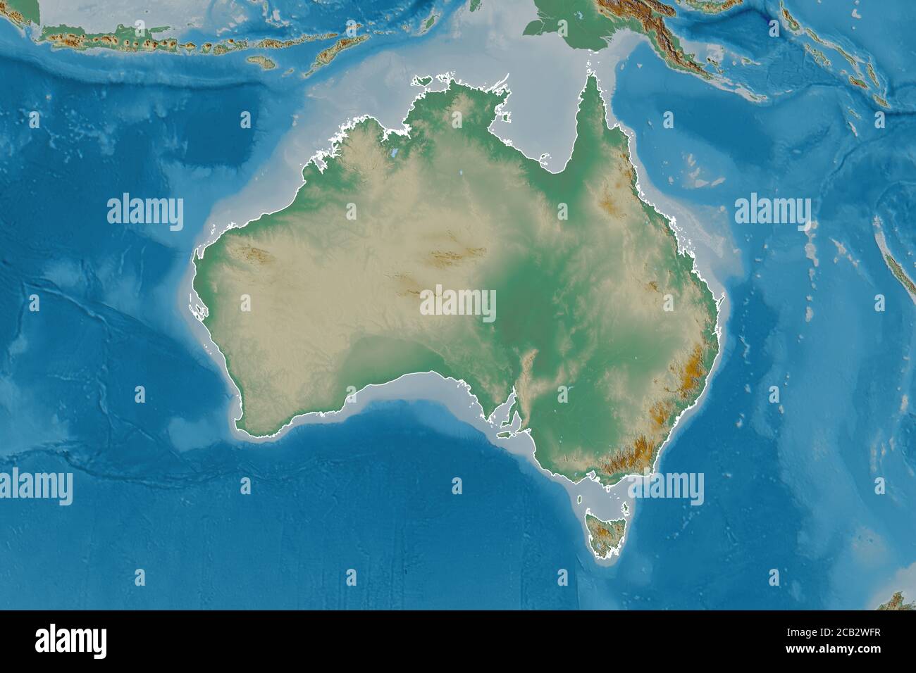Extended area of outlined Australia. Topographic relief map. 3D ...