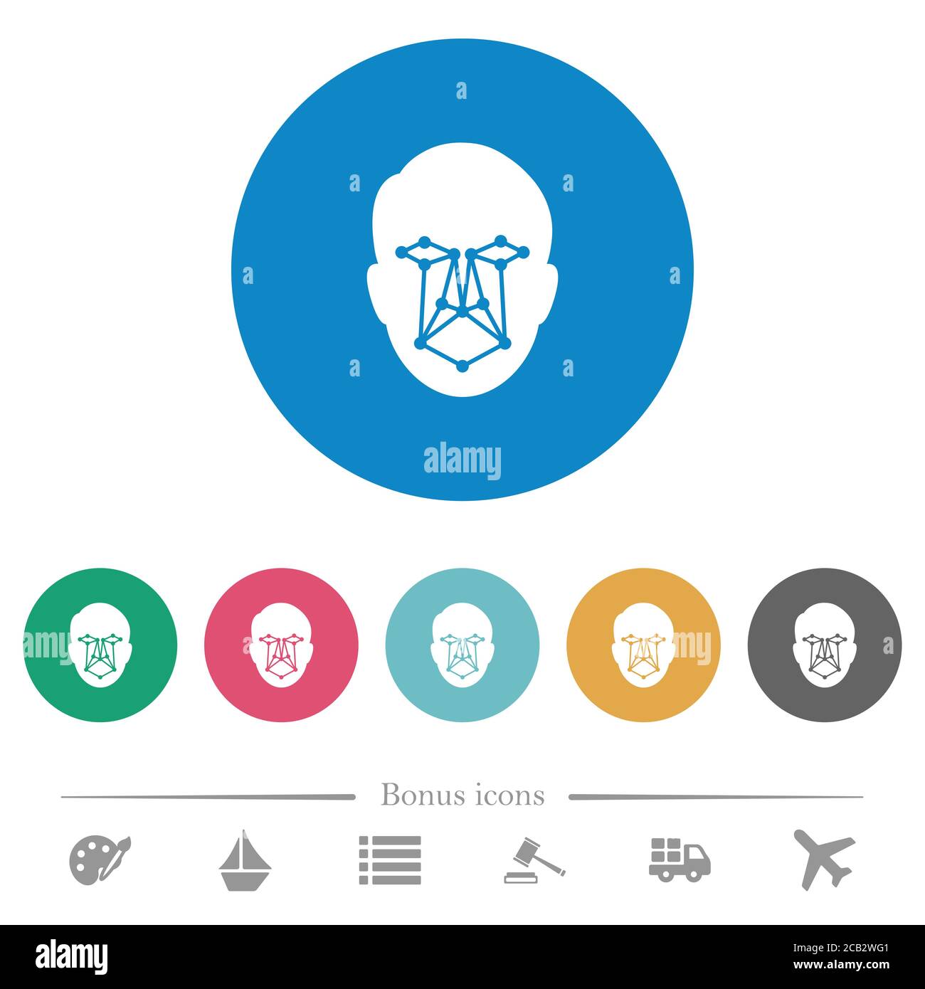 Face recognition flat white icons on round color backgrounds. 6 bonus icons included Stock ...