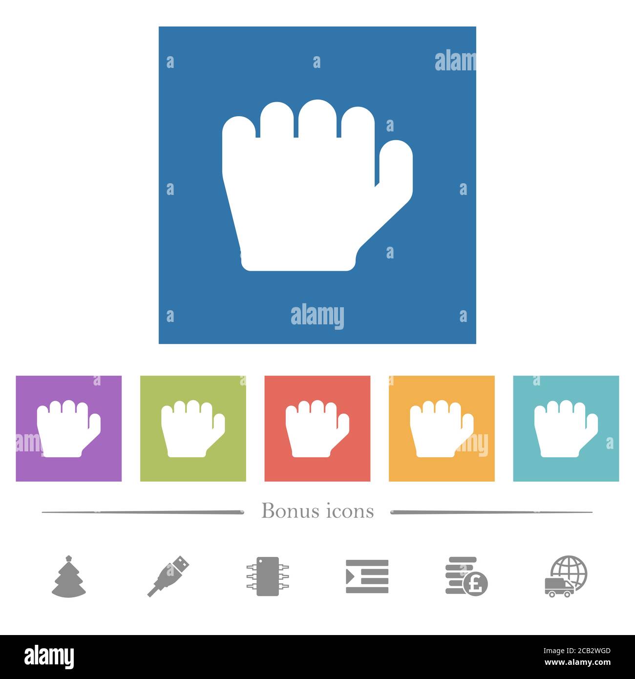 Left handed grab gesture flat white icons in square backgrounds. 6 ...