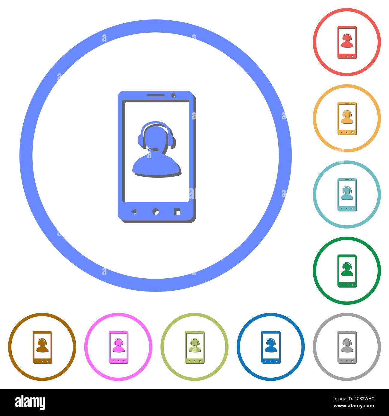 Mobile assistance flat color vector icons with shadows in round ...