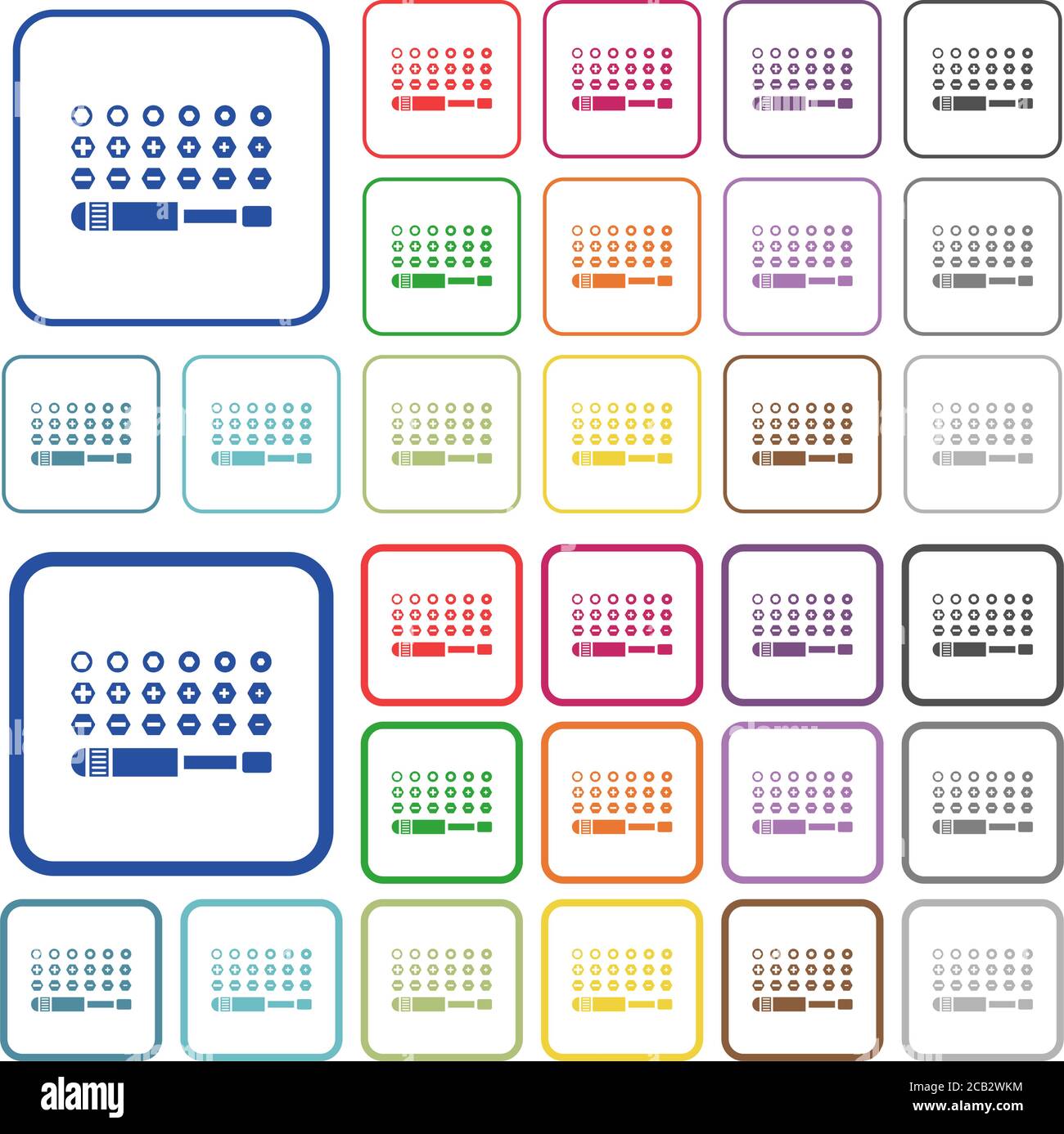 Set of screwdriver bits color flat icons in rounded square frames. Thin ...