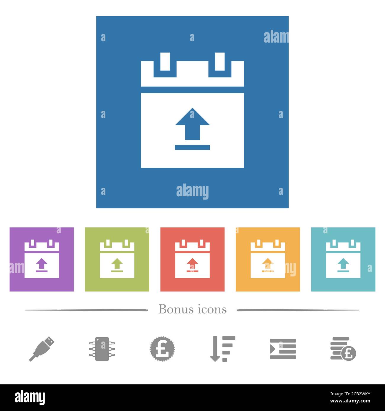 Upload schedule data flat white icons in square backgrounds. 6 bonus ...