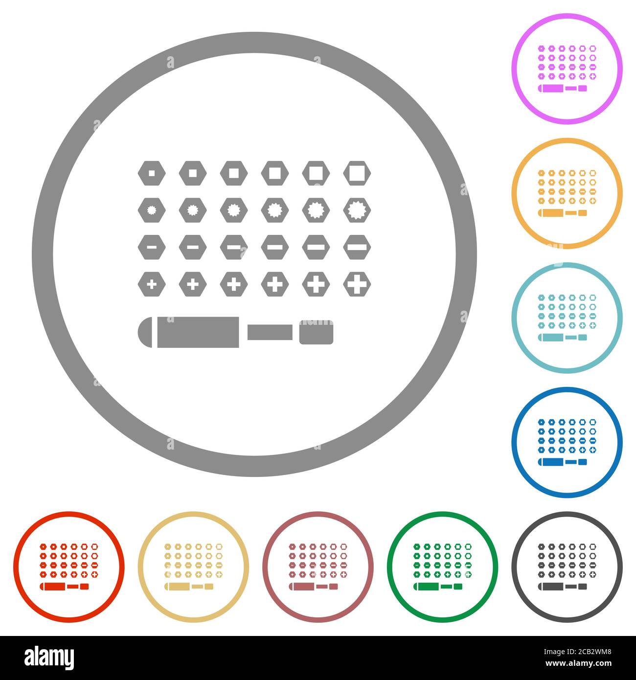 Set of screwdriver bits flat color icons in round outlines on white ...
