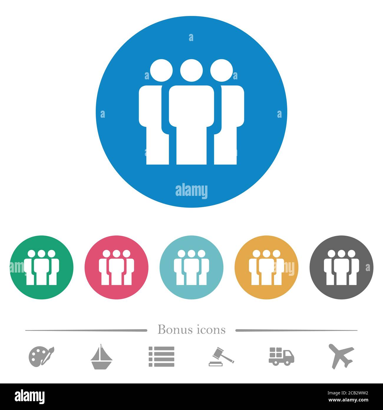 Team flat white icons on round color backgrounds. 6 bonus icons ...