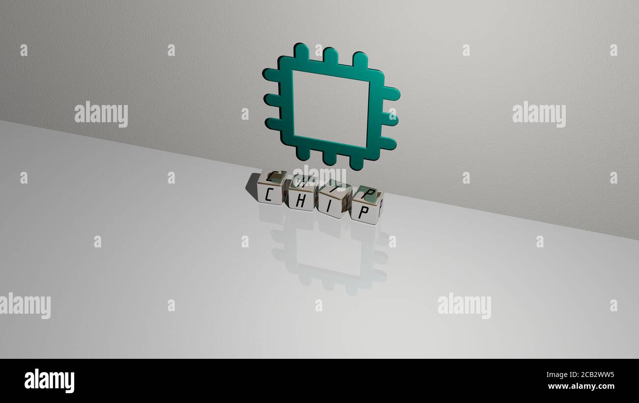 chip text of cubic dice letters on the floor and 3D icon on the wall ...