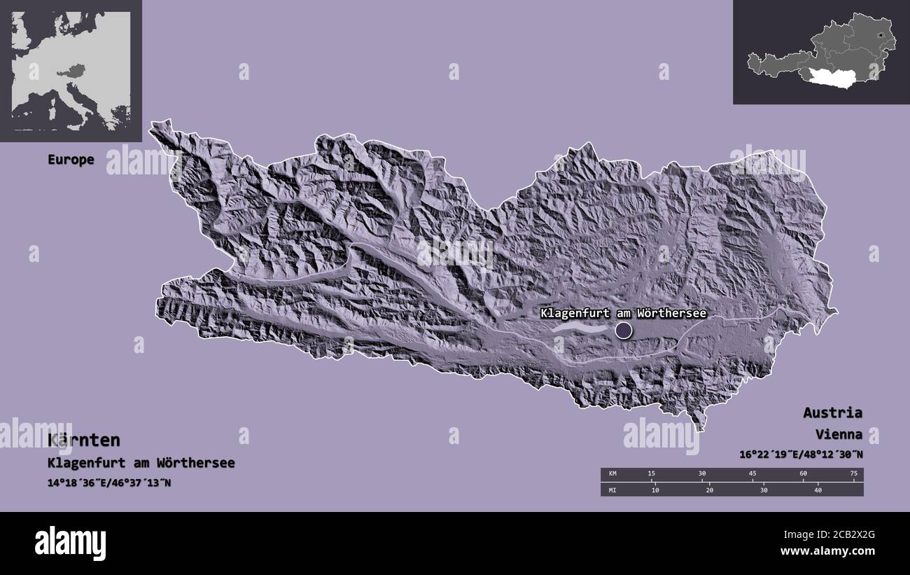 Shape of Kärnten, state of Austria, and its capital. Distance scale ...