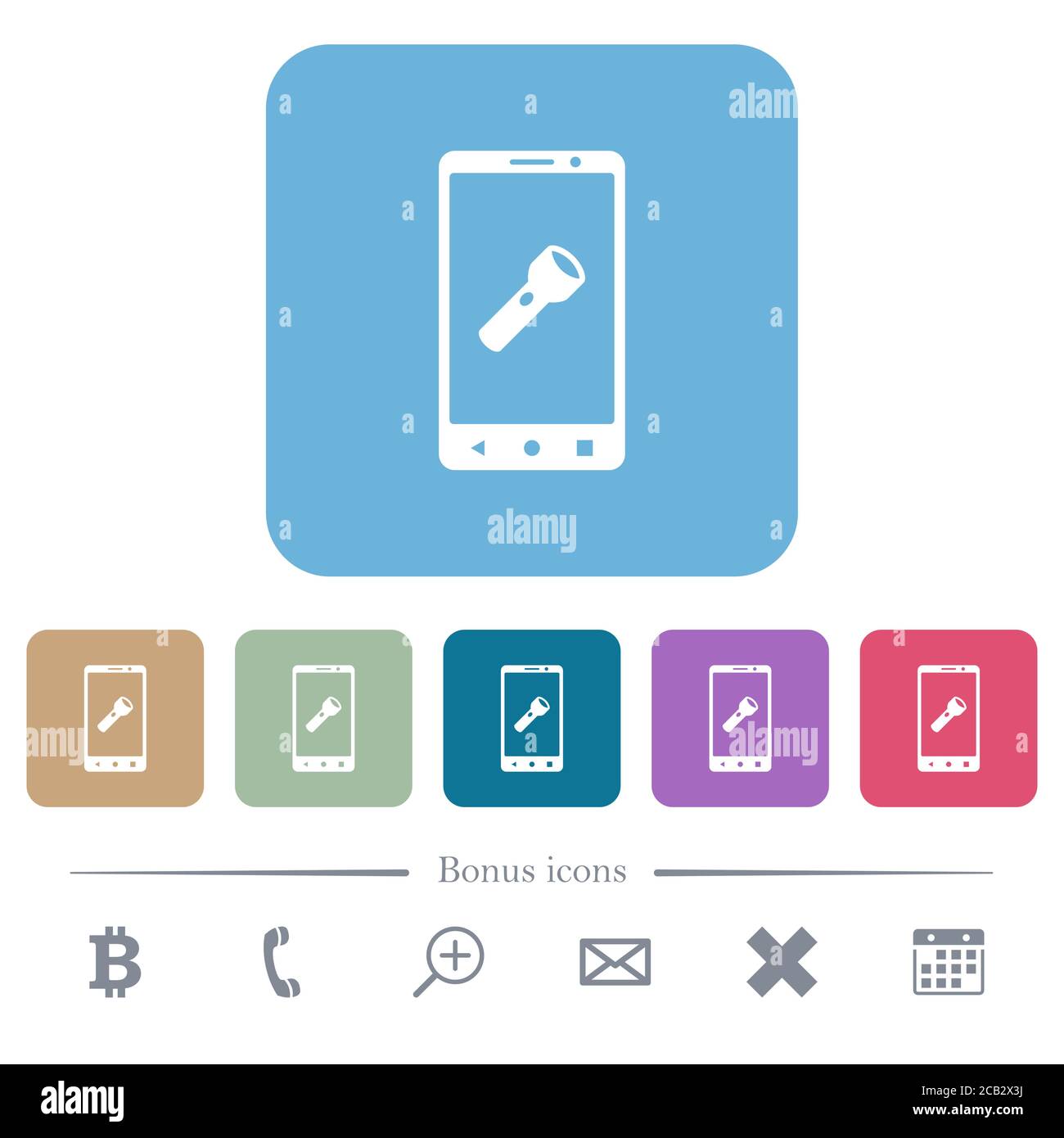 Mobile flashlight white flat icons on color rounded square backgrounds ...