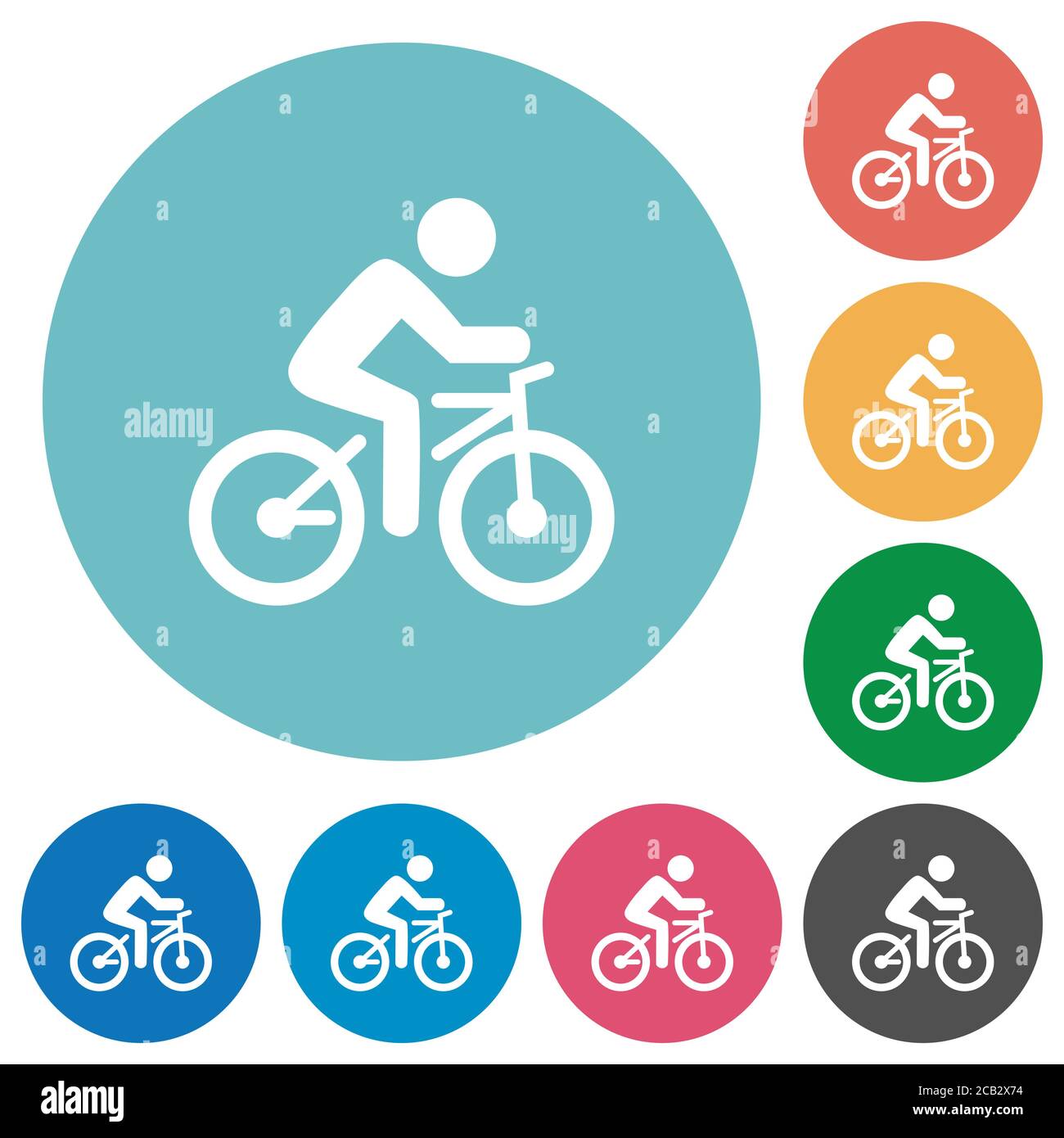 Bicycle with rider flat white icons on round color backgrounds Stock ...