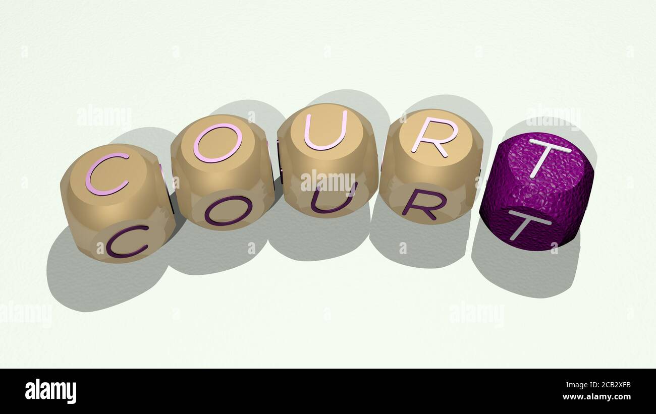 court text of dice letters with curvature. 3D illustration. background ...