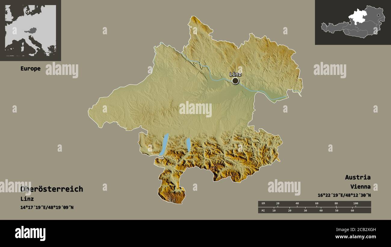 Shape of Oberösterreich, state of Austria, and its capital. Distance ...