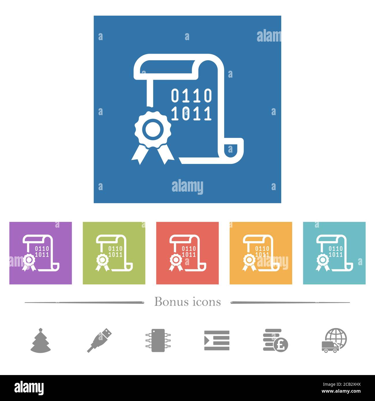 Digital certificate flat white icons in square backgrounds. 6 bonus ...