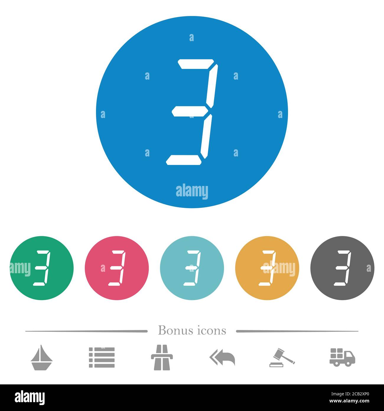 digital number three of seven segment type flat white icons on round ...