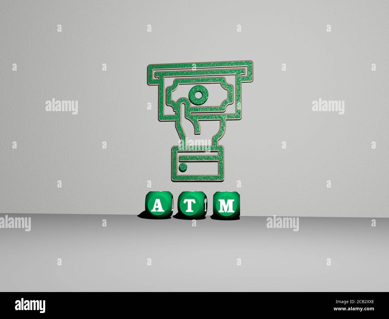 3D representation of ATM with icon on the wall and text arranged by ...