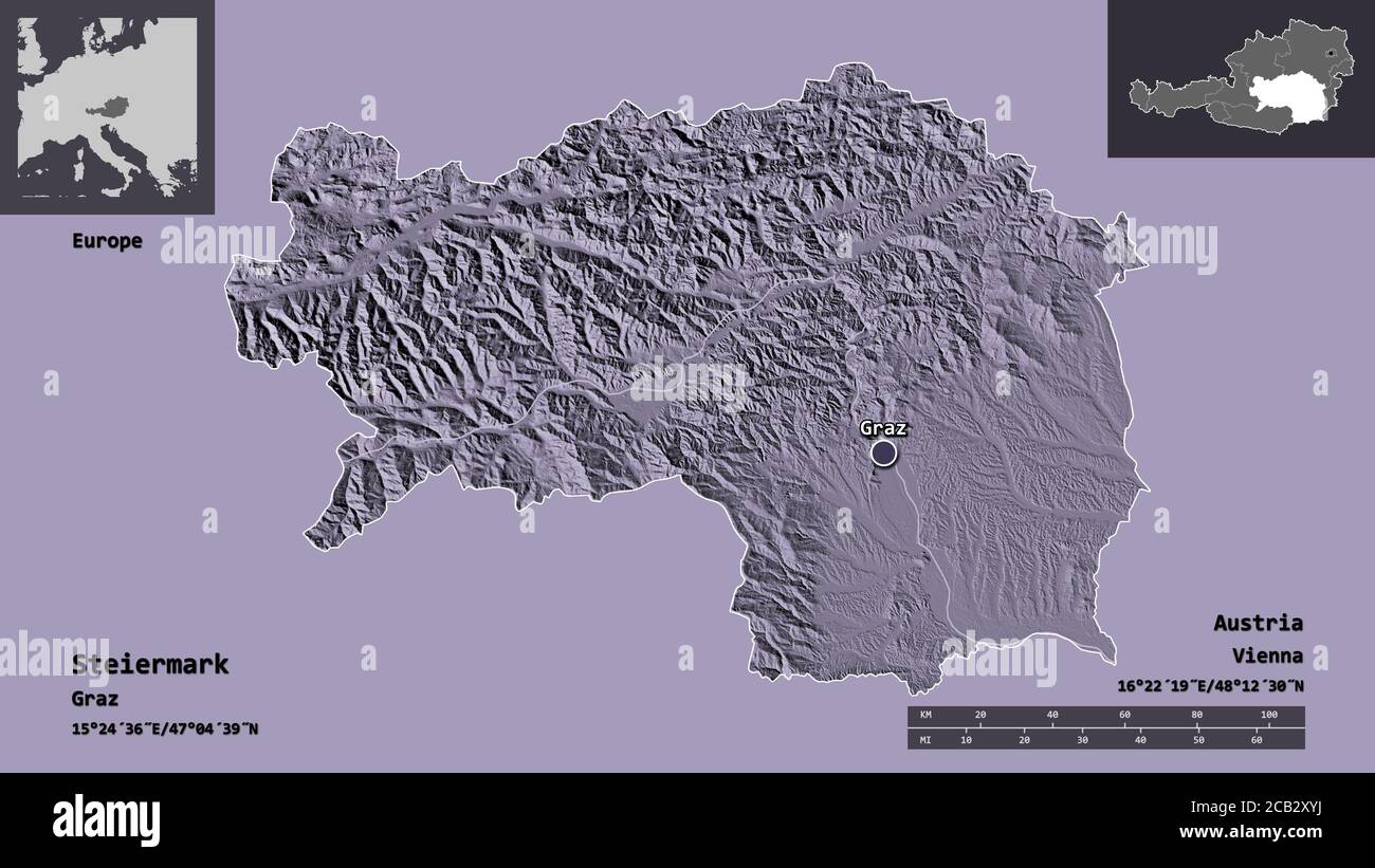 Shape of Steiermark, state of Austria, and its capital. Distance scale ...