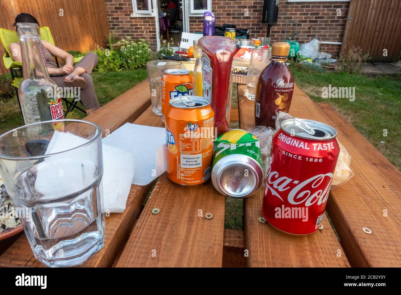 Empty drinks cans and bottles on a garden table in the summer Stock Photo - Alamy