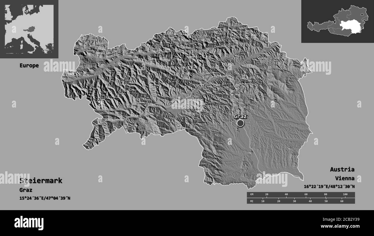 Shape of Steiermark, state of Austria, and its capital. Distance scale ...