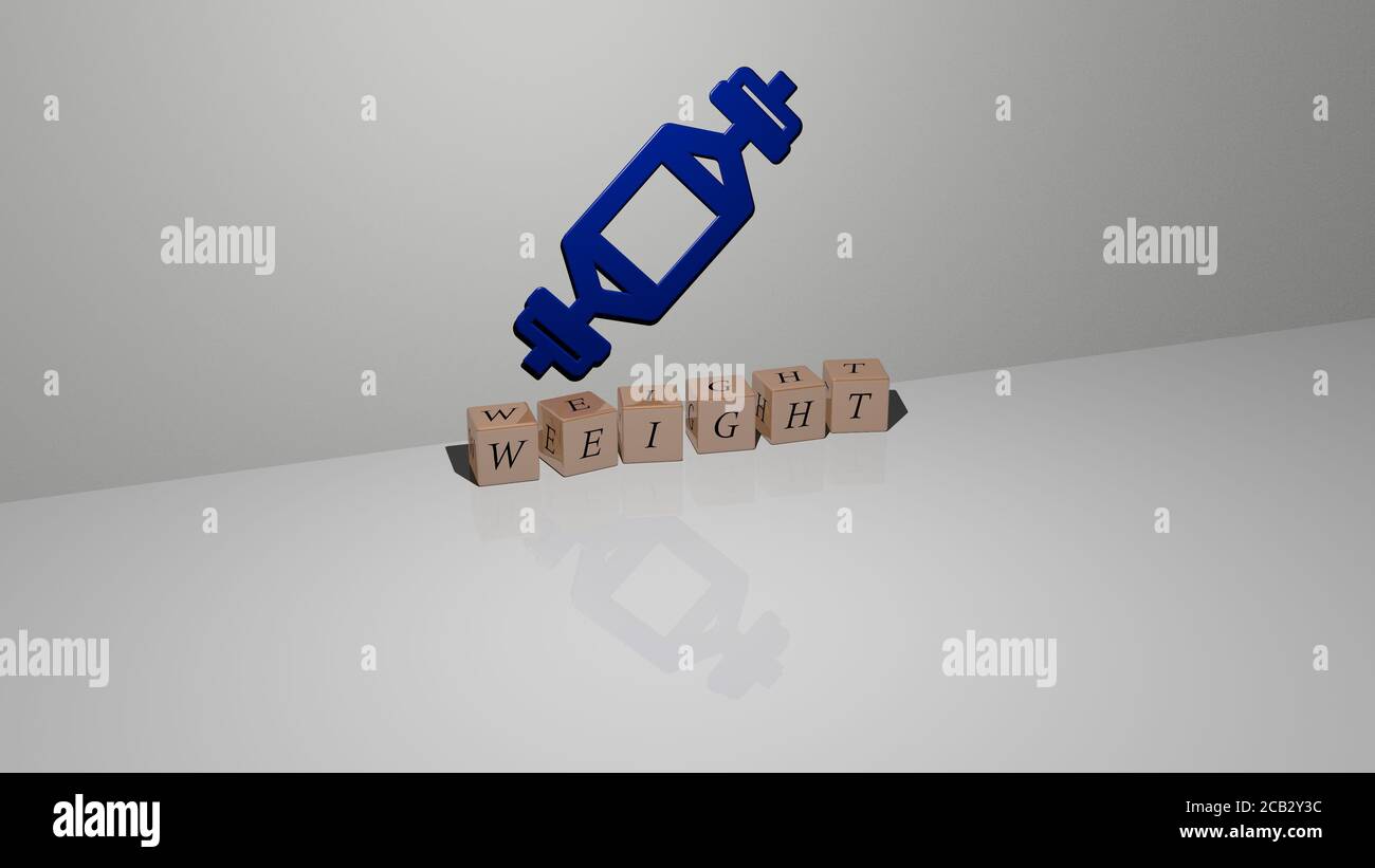 weight text of cubic dice letters on the floor and 3D icon on the wall ...