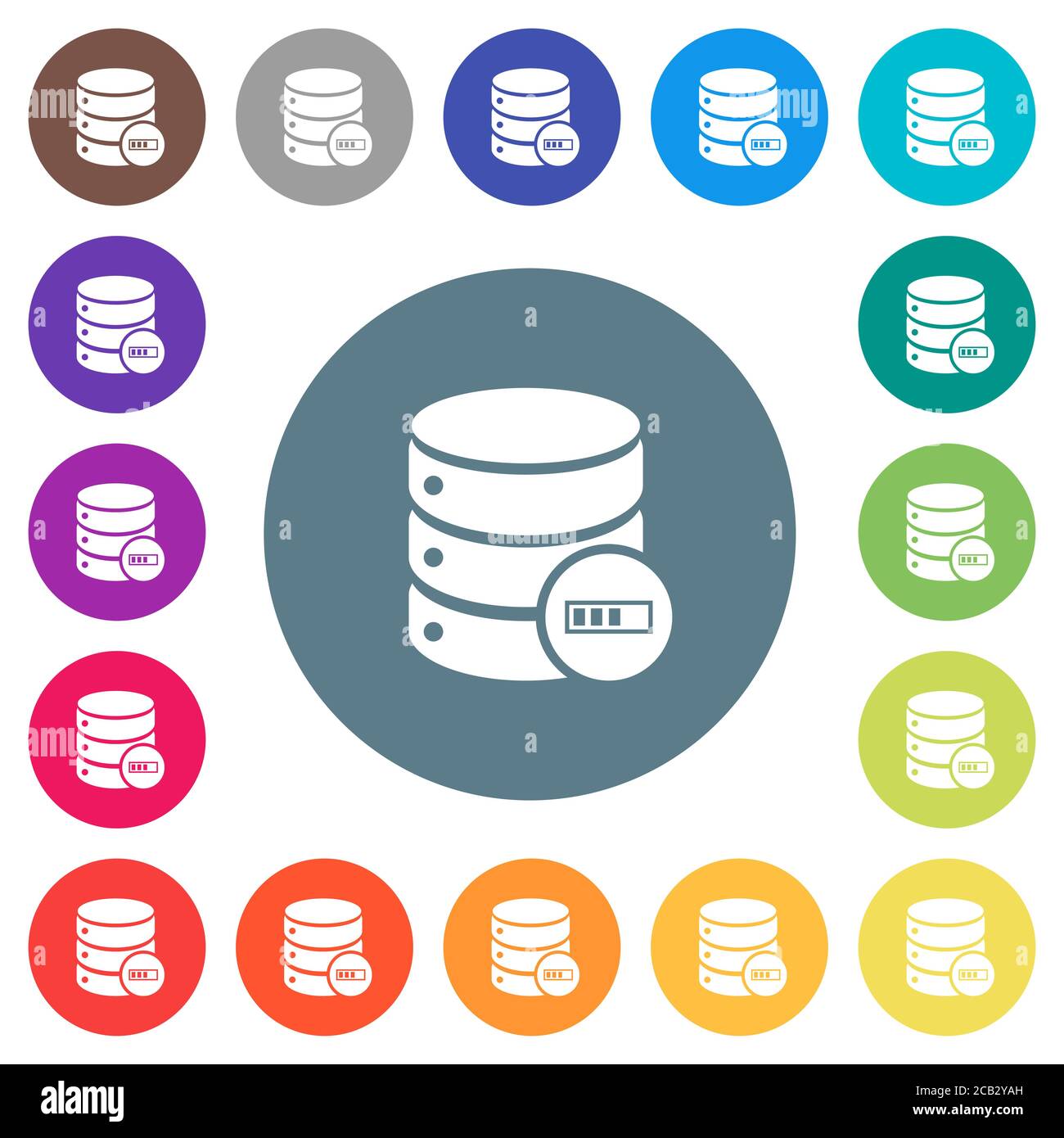 Database processing flat white icons on round color backgrounds. 17 ...