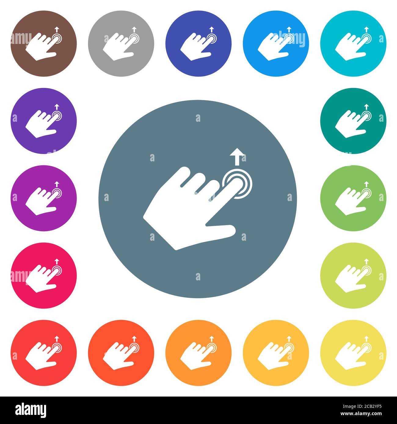 Left handed slide up gesture flat white icons on round color ...