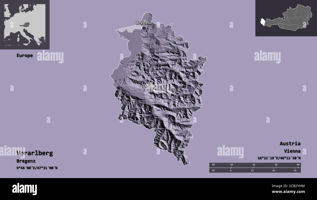 Shape of Vorarlberg, state of Austria, and its capital. Distance scale ...